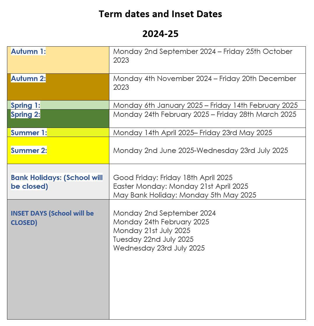 Calendar, Terms & Holidays | Carfield Primary School